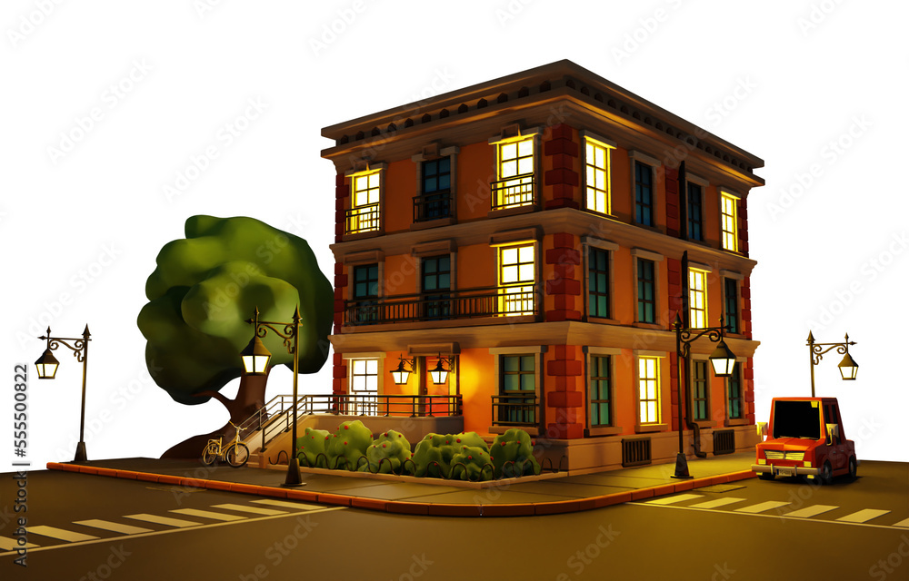 Cartoon Residential Building at Night Stock Illustration | Adobe Stock