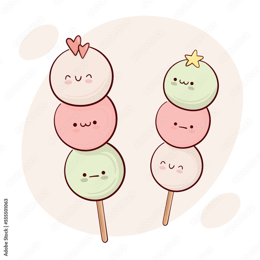 Draw funny kawaii Japan tradition sweet sanshoku dango three coloured ...