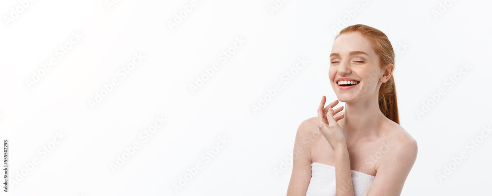 Happy beautiful girl is happy smiling and laughing look stright ...