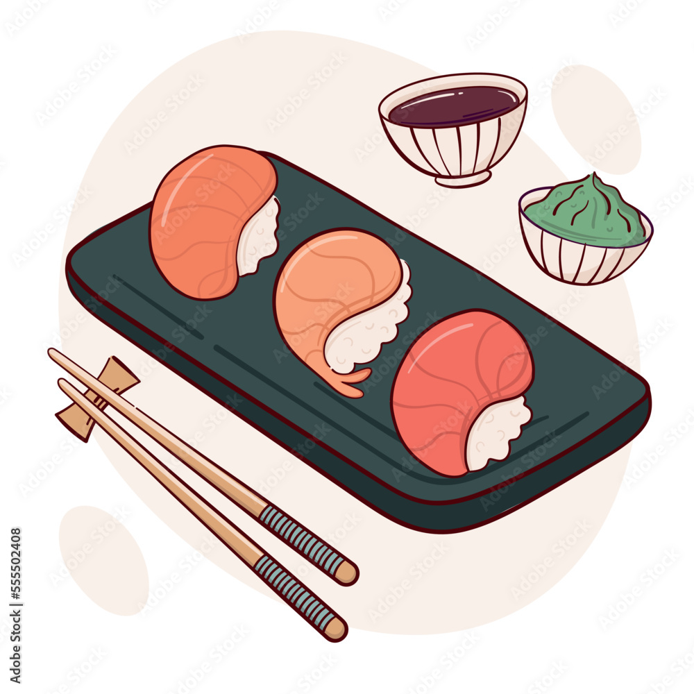 Draw sashimi nigiri raw fish vector illustration. Japanese asian ...