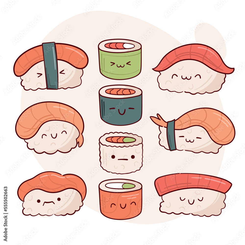 Draw funny kawaii nigiri sushi roll vector illustration. Japanese asian ...