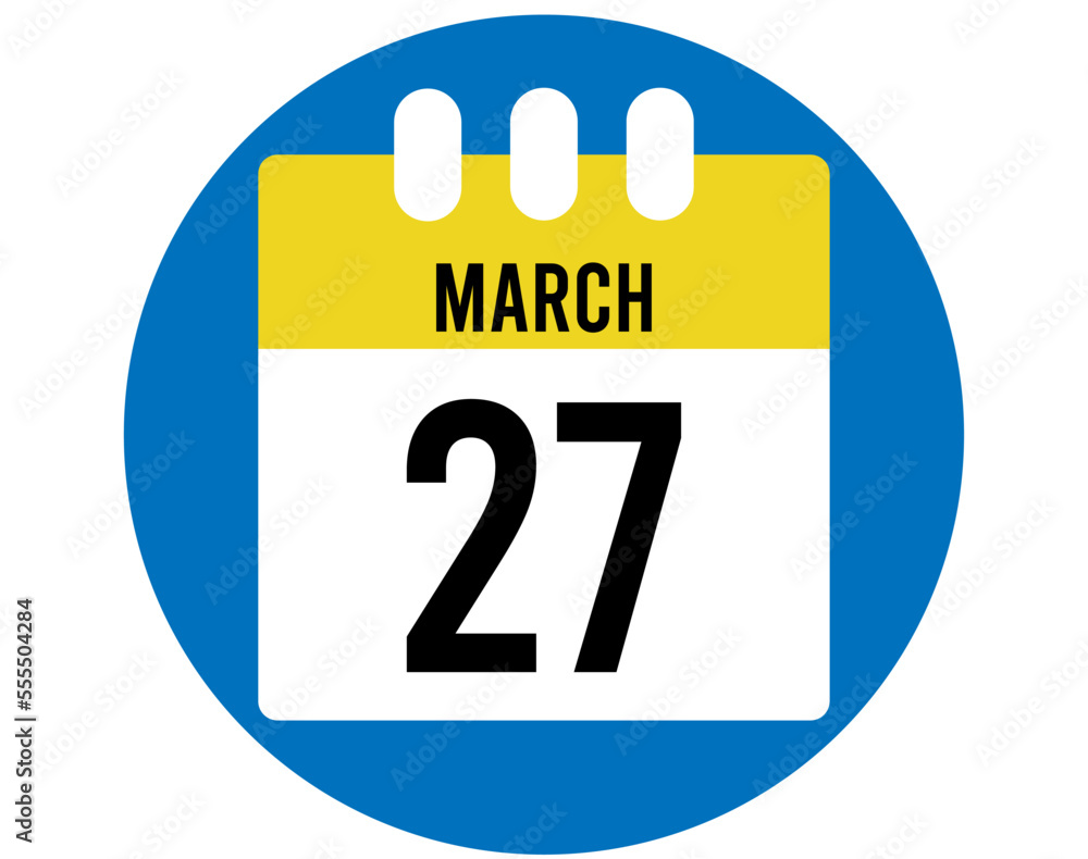 27 day March calendar vector. Calendar page icon for March days. Blue ...