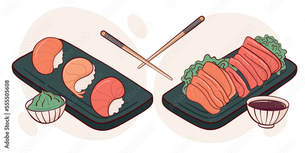 Draw sashimi nigiri raw fish vector illustration. Japanese asian ...