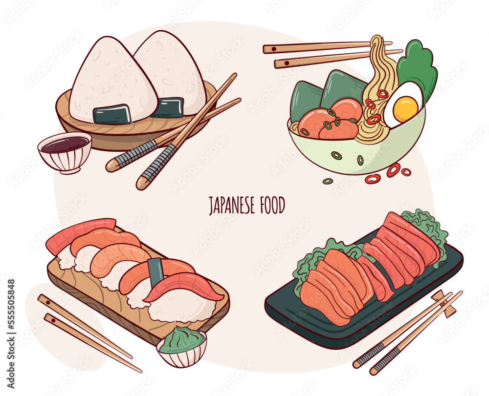 Vektorová grafika „Draw sashimi, nigiri, onigiri, ramen vector ...