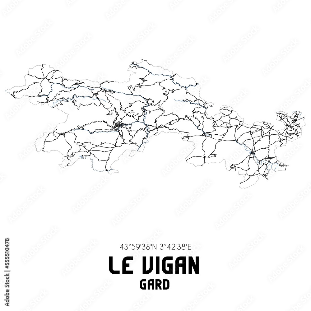 Black and white map of Le Vigan, Gard, France. Stock Illustration ...