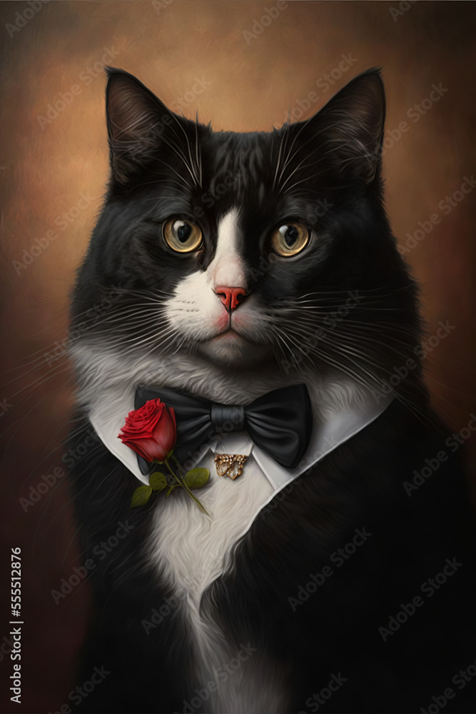 Studio Photo Illustration of a Tuxedo black and white cat, wearing a bow tie, on a studio ...