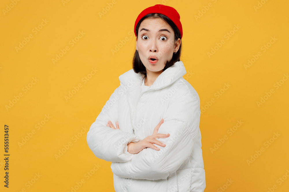 Side profile view young sad pop-eyed woman of Asian ethnicity wears ...