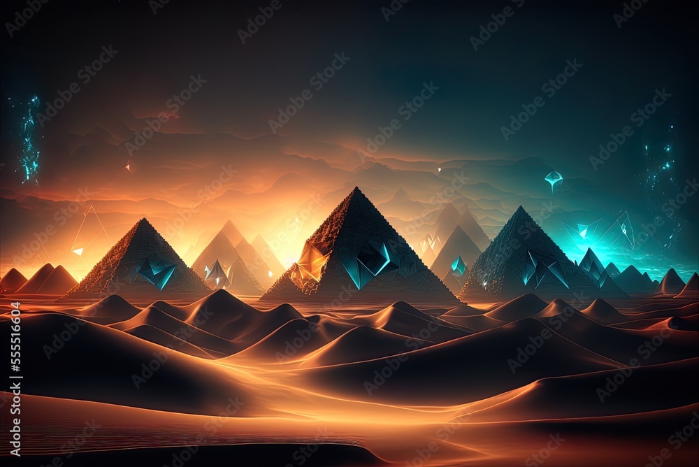 Light effects, and a pyramid, in an abstract nighttime dream setting. A ...