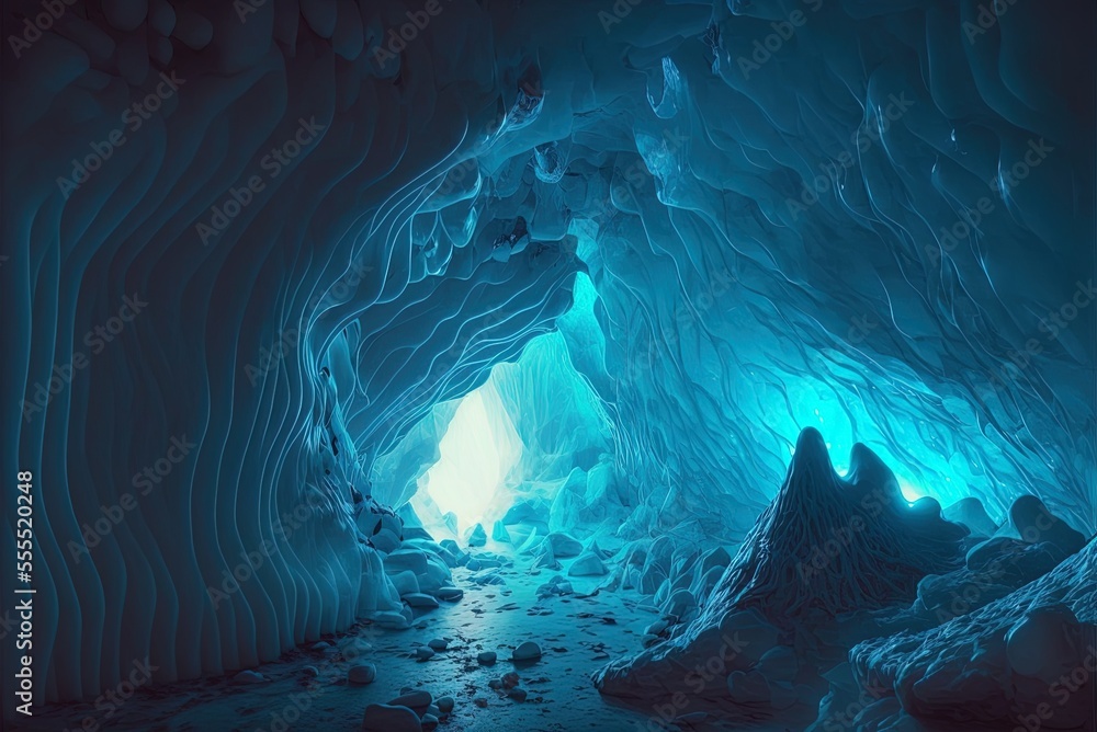 Fantasy caverns of icy abstraction deep down. Light emanating from a frozen cavern. Cryotherapy ...