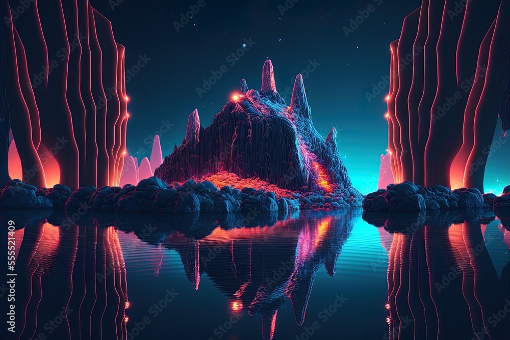rocks reflecting the night sky and water, set on a neon backdrop ...