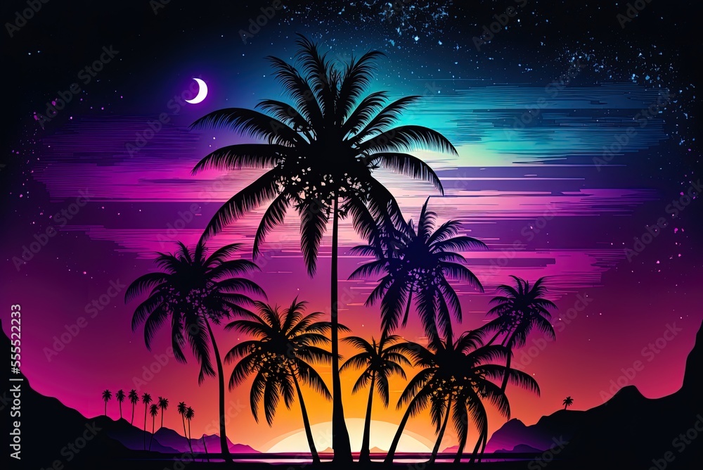 Picture this: palm palms in the dark, set against a neon sunset and ...