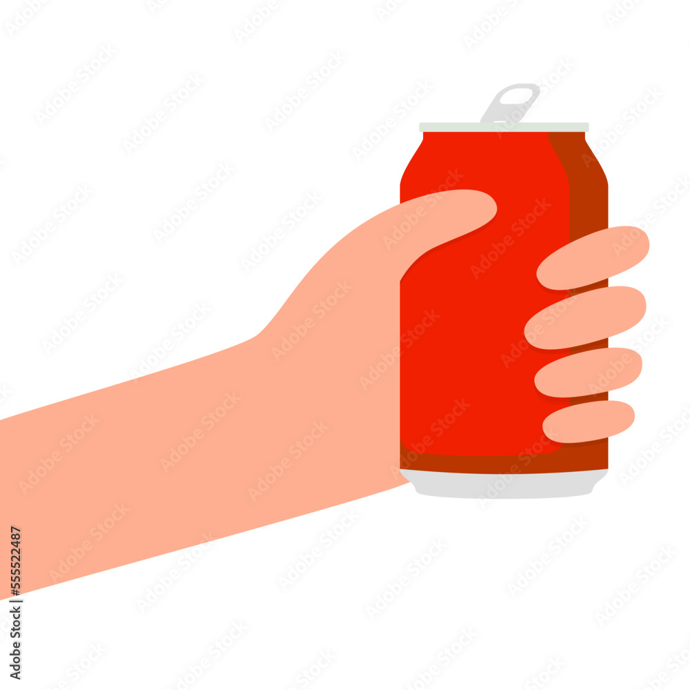 Mano sujetando una lata roja abierta. Bebida en lata. Vector de lata ...