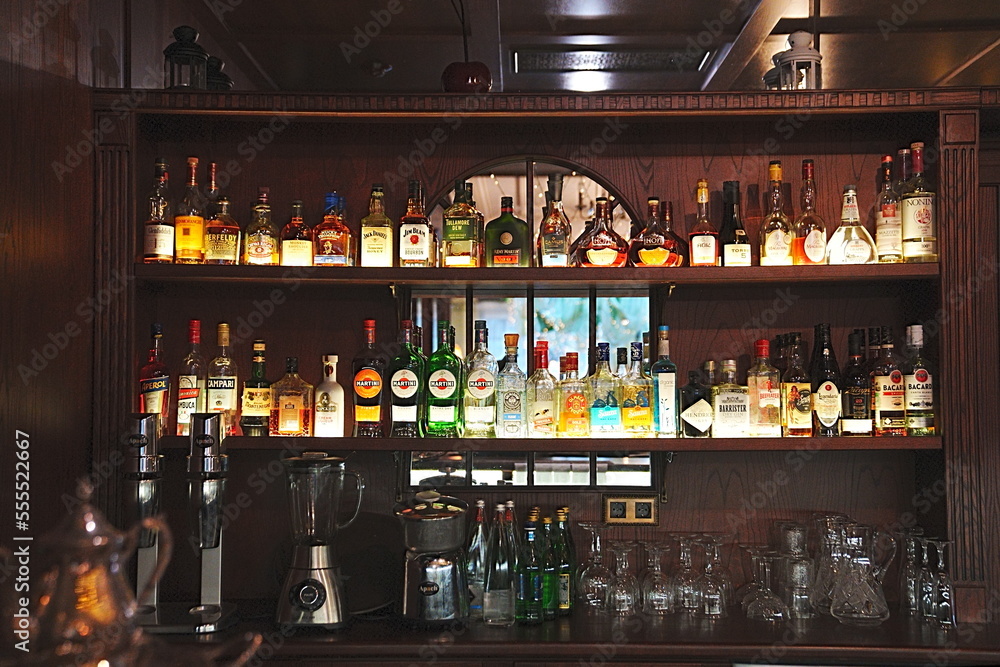 bar in the restaurant. shelves with alcoholic beverages. Stock Photo ...