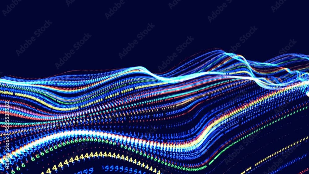 digital waves on surface. Vj loop hologram abstract bg. Symbols form lines, grid. Information ...