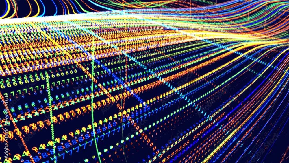 digital waves on surface. Vj loop hologram abstract bg. Symbols form lines, grid. Information ...