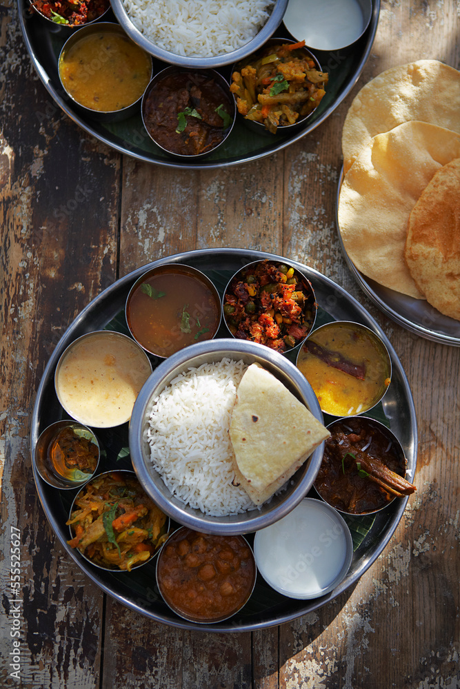 Thali, Rasam, Chana Masala, Kadai Bhindi, Mixed Vegetable Curry ...