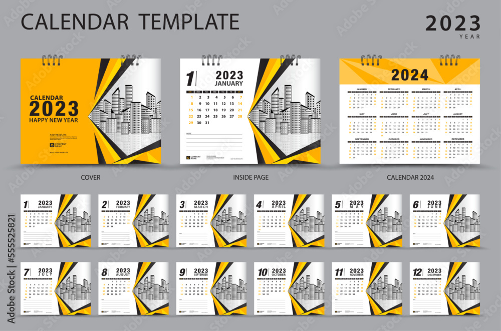 Calendar 2023 template set and 2024 year, Set of 12 Months, desk ...