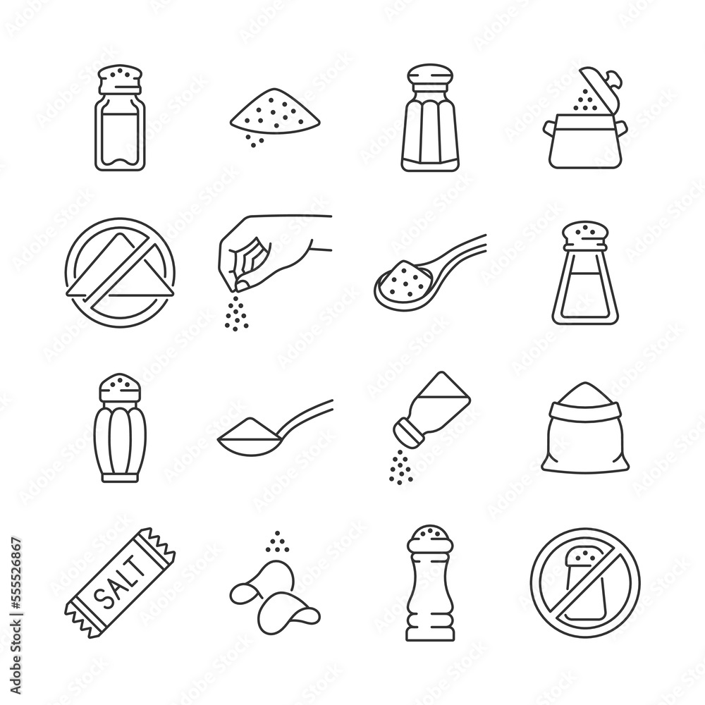 Salt line icon set. Vector collection with salt heap, shaker, salting ...