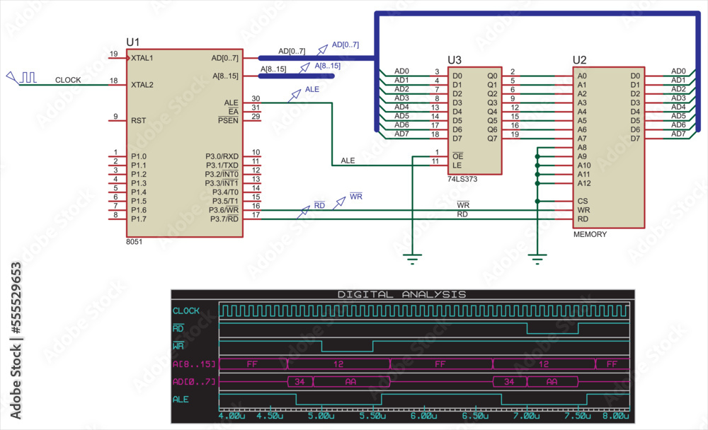 Vector electrical schematic diagram. Connecting external memory to the ...