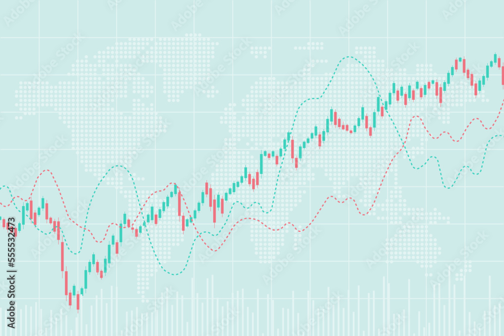Candlestick chart, line graph and bar chart. World stock market index ...