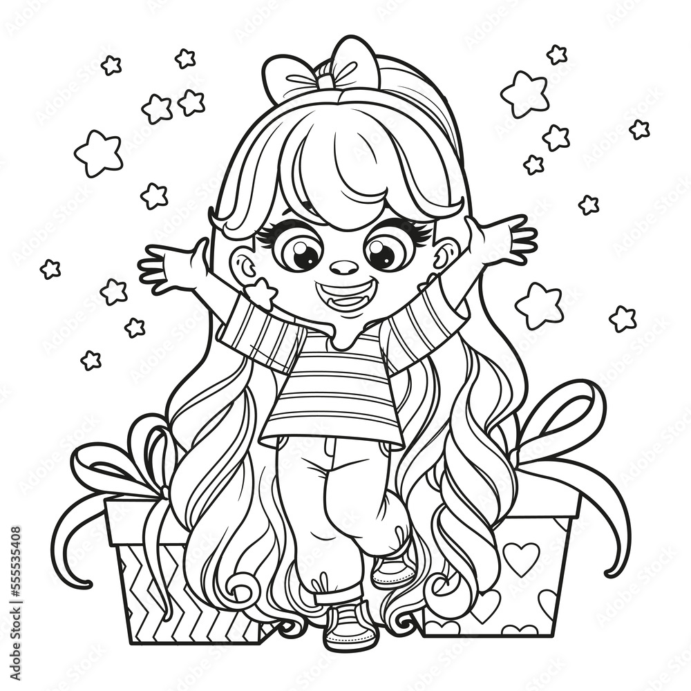 Cute cartoon long haired girl with gifts outlined for coloring page on ...