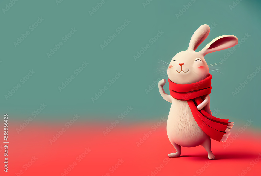 ภาพประกอบสต็อก Cute rabbit with red scarf cartoon character on pastel ...