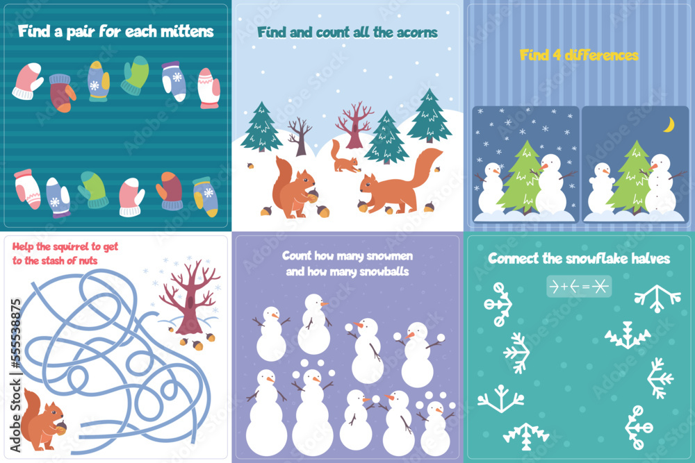6 winter tasks for children. Games for preschoolers. Cut and play. Find ...
