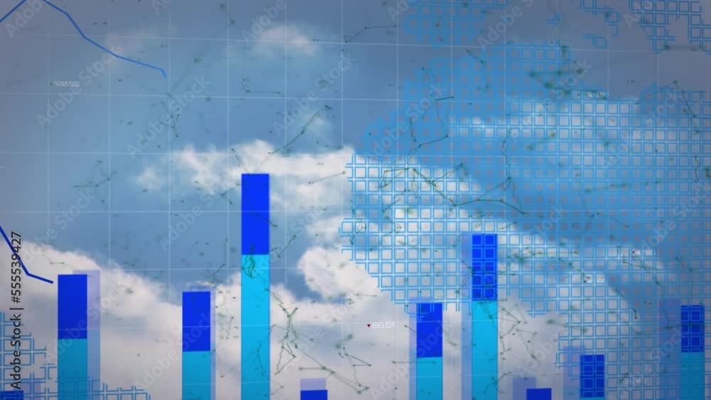 A time lapse of a cloud, with a statistic line, graph, and world map ...