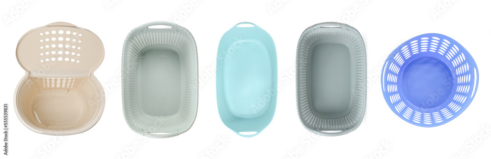 Different laundry baskets on white background, top view. Banner design ...
