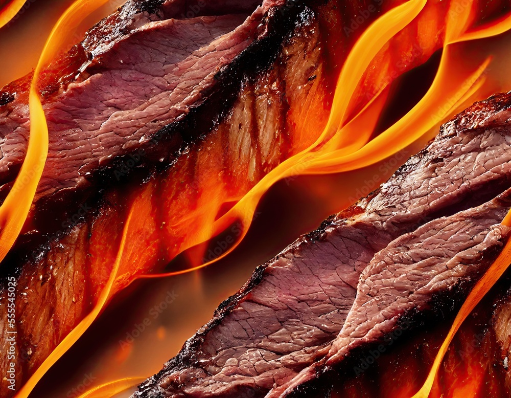 Ilustracja Stock: A grilled rib-eye steak flat lay top view. Flames ...