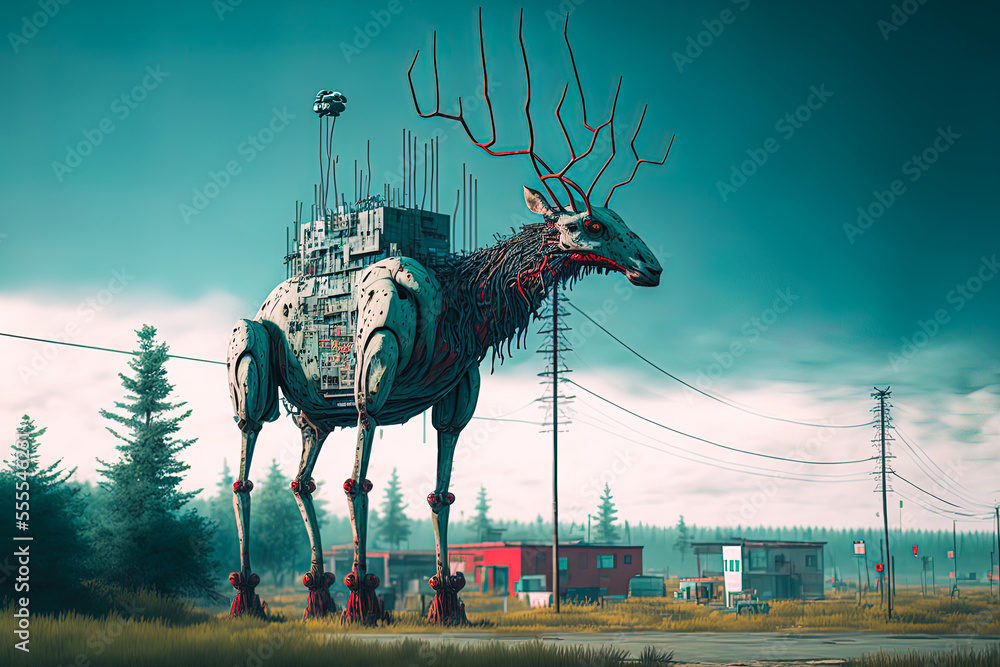 Giant deer with horns cyborg creature from the future, dystopian city ...