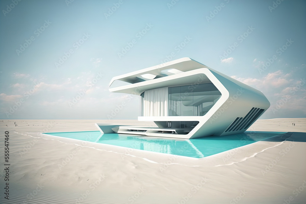 a concept for a futuristic, sleek, pool equipped beachfront home. style ...