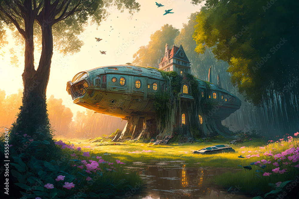 spaceship crashed on the ground in a futuristic dreamscape lush forest ...