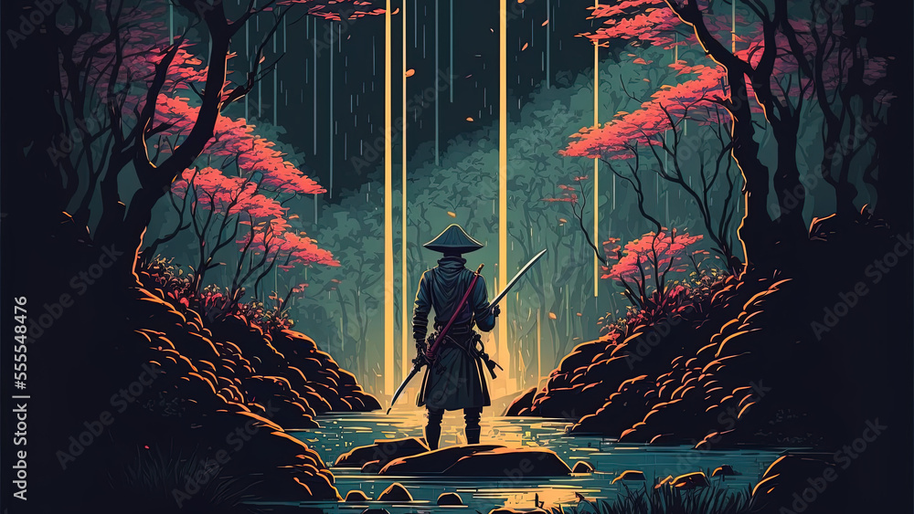 samurai standing in waterfall garden with swords on the ground, digital ...