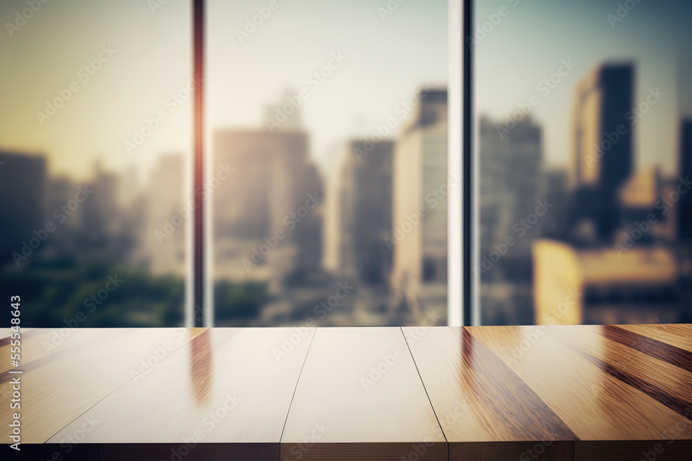 Building banner mock up abstract backdrop with a blank wood table top ...