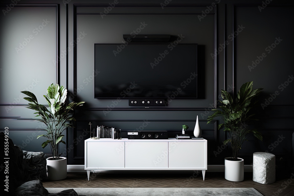 Create a mockup of a wall mounted TV in a dim space with a black wall ...
