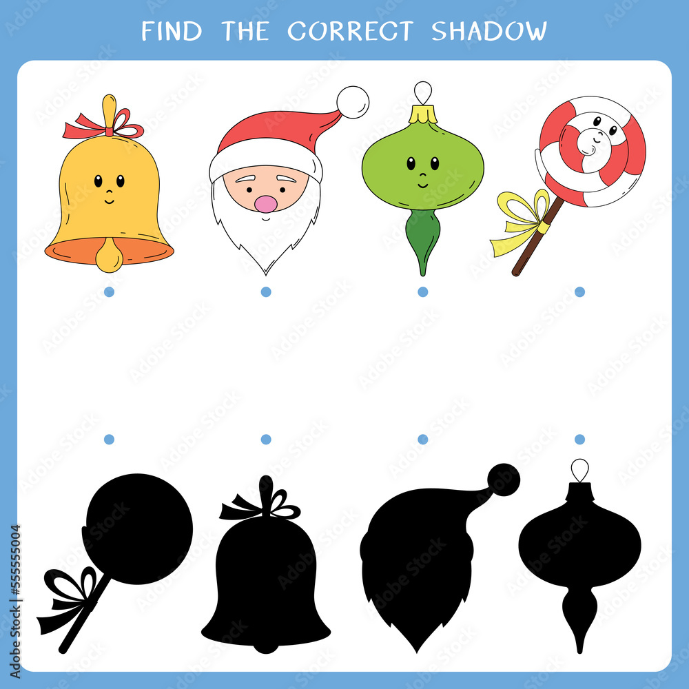 Find the correct shadow for Christmas symbols. Vector worksheet of ...