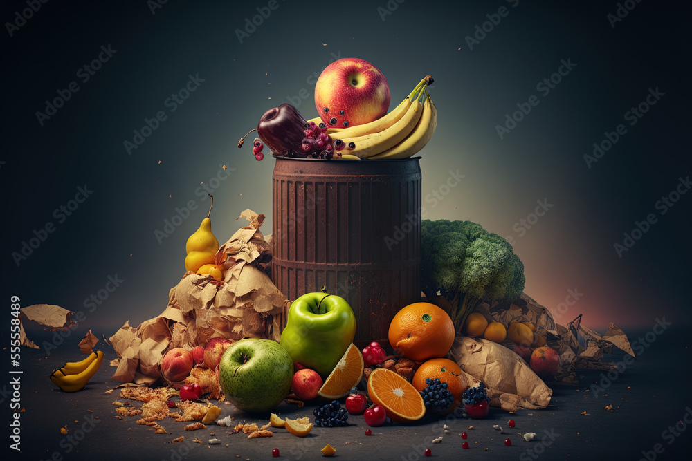 ภาพประกอบสต็อก Food loss in the market or on the farm. In the garbage ...