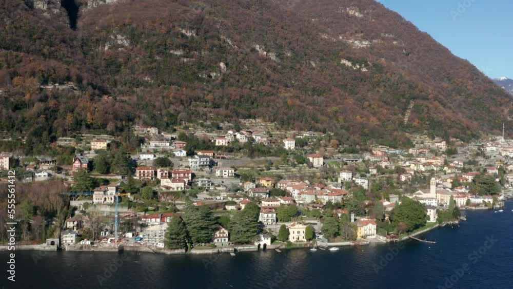 The Italian village of Laglio on Lake Como from the sky during a sunny ...