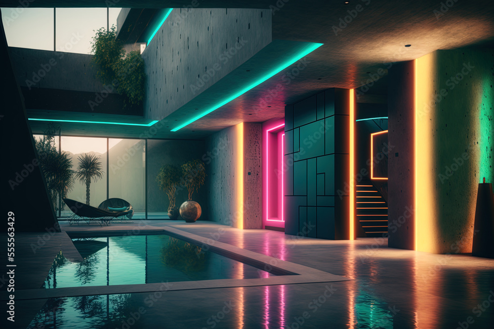 Inside of a contemporary seaside home with a swimming pool and neon ...
