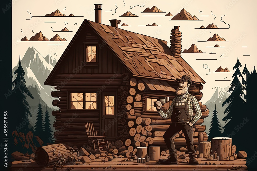 Cartoon illustration of a lumberjack taking a coffee break in front of ...