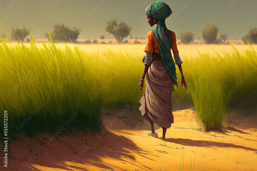 African farmer girl strolling over a field of crops in the Sahel and ...