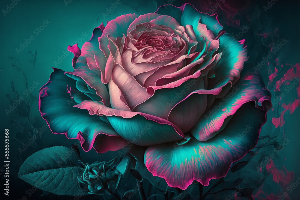 Beautiful pink and teal rose in realistic painting art style, close up ...