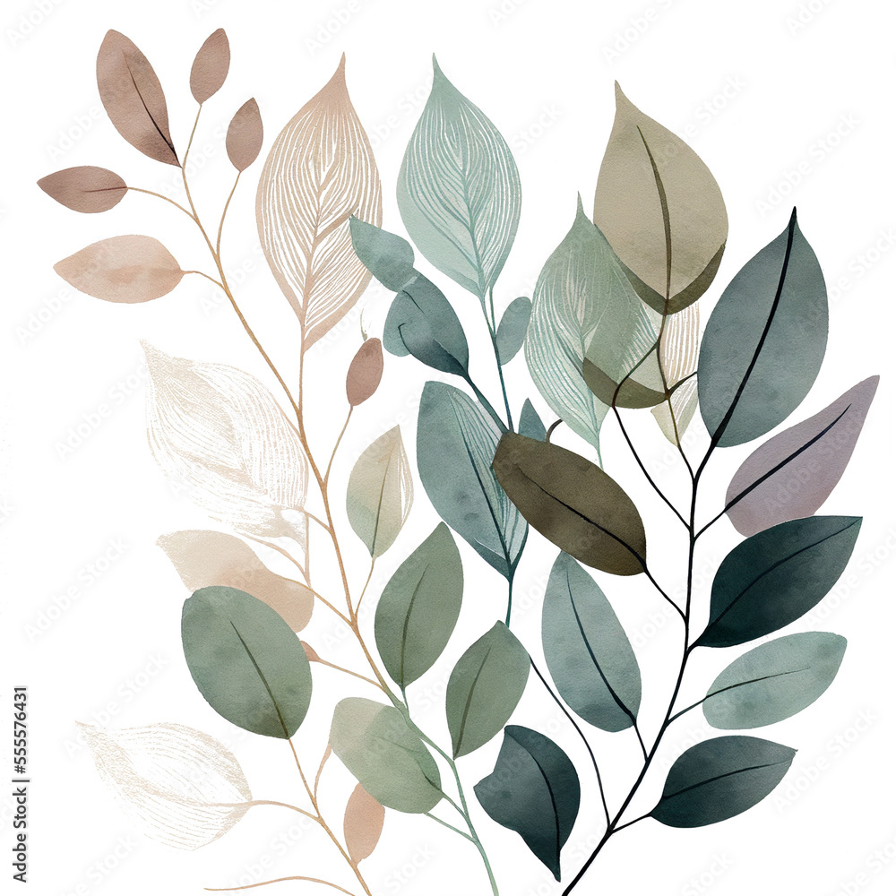 Minimalist abstract leaves floral design, watercolor style in soft ...