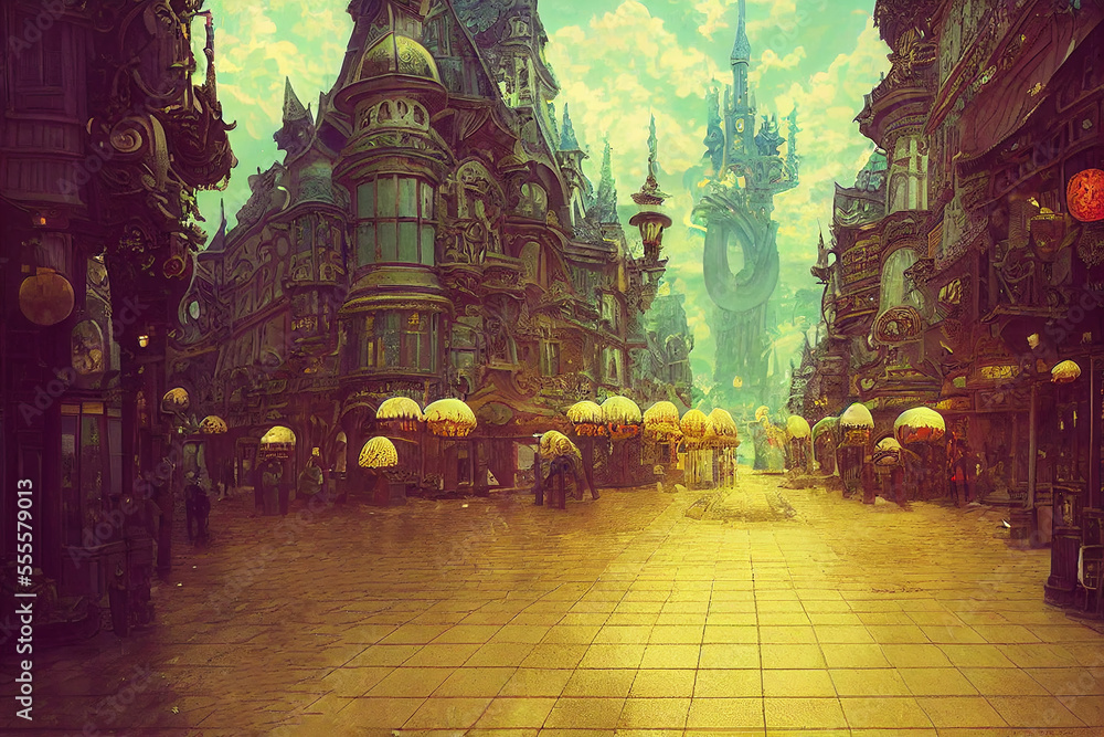 Courtyard in a Mustard Colored Steampunk City. Yellow Cityscape ...