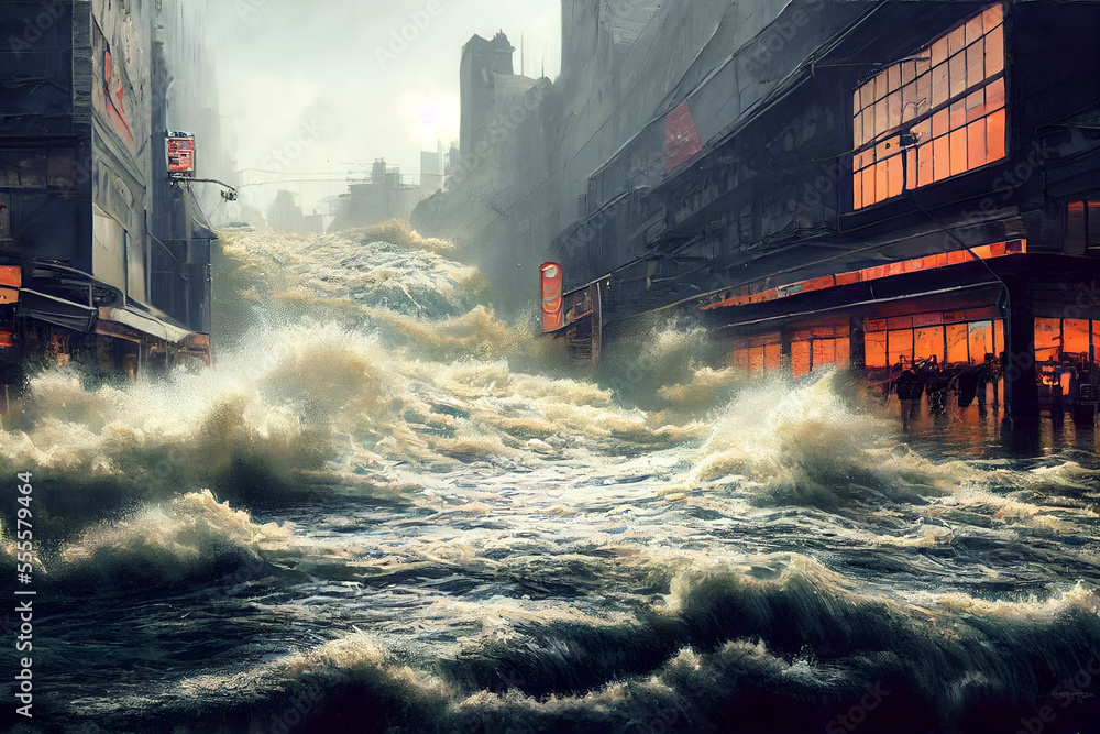 Painting of a City Street Being Flooded by a Natural Disaster ...