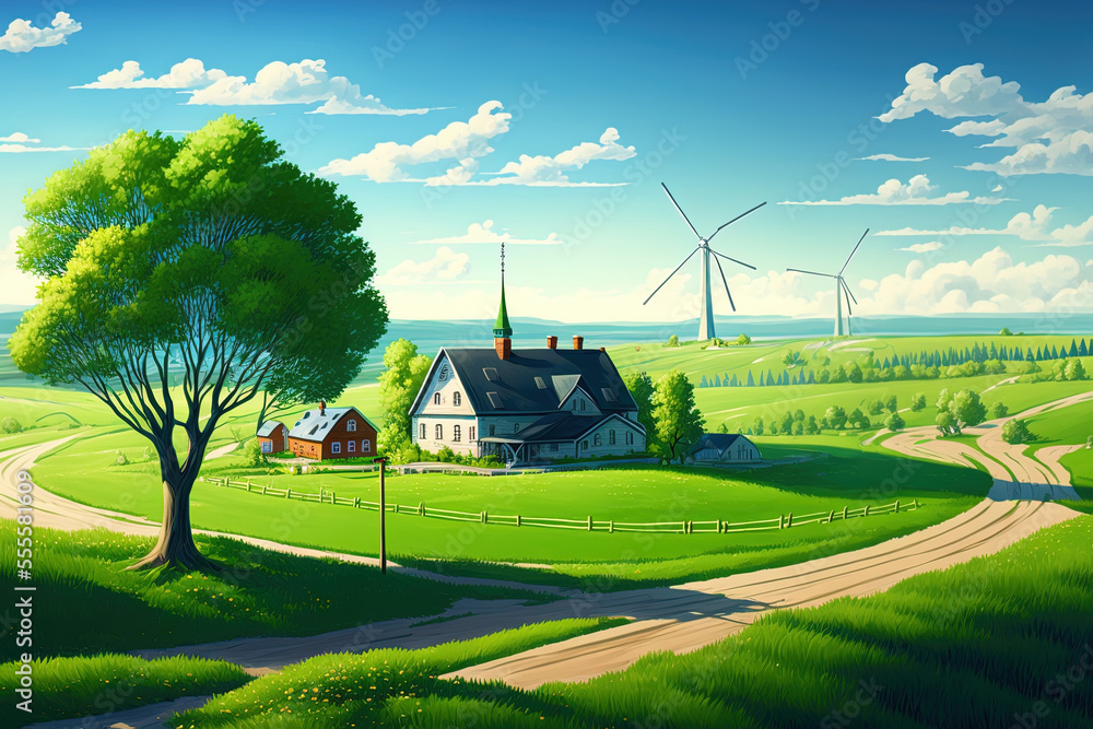 Farmland panorama with green fields, barns, farms, rural homes, and ...