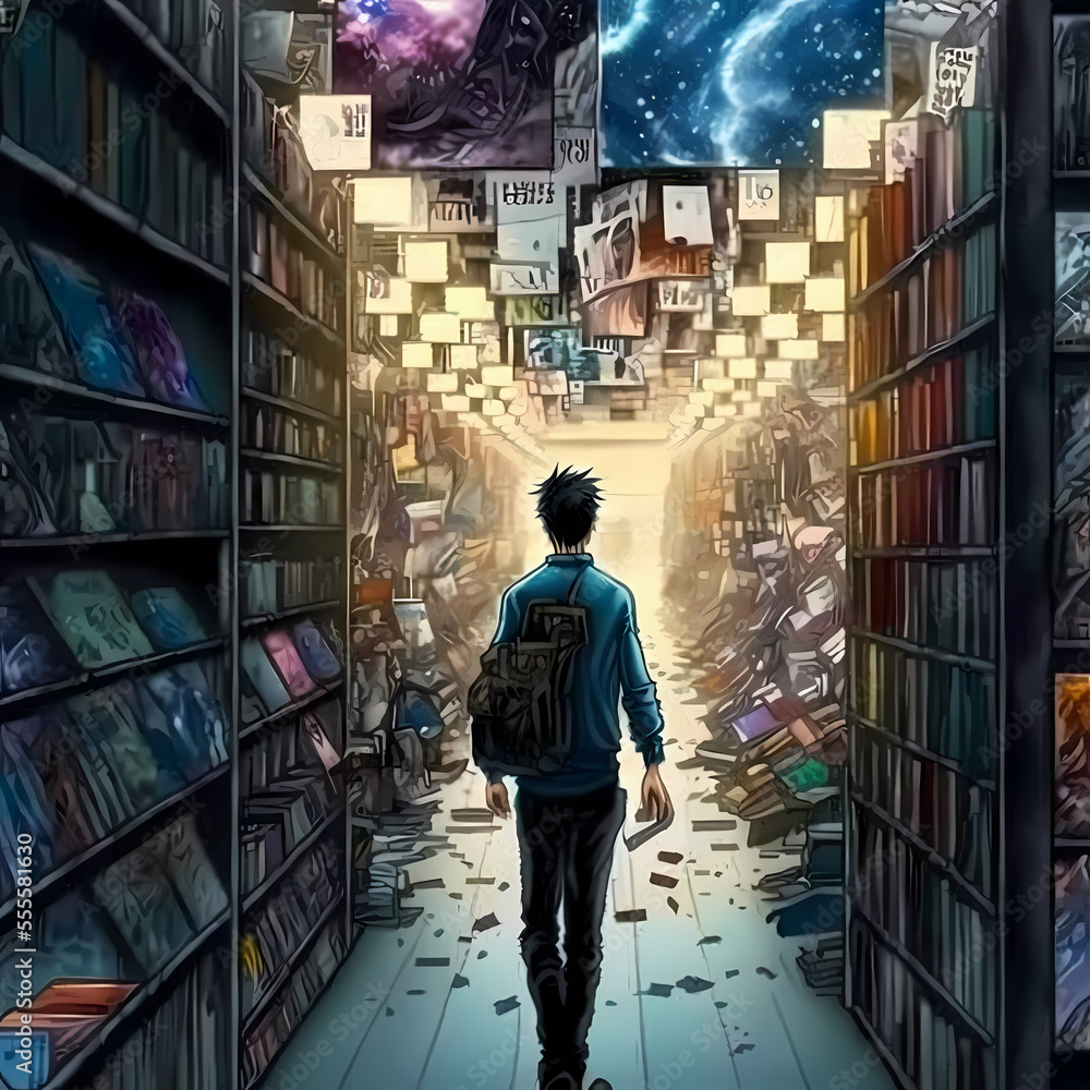 Graphic Novel Image of a Man Walking Through the Aisle of a Bookshop ...