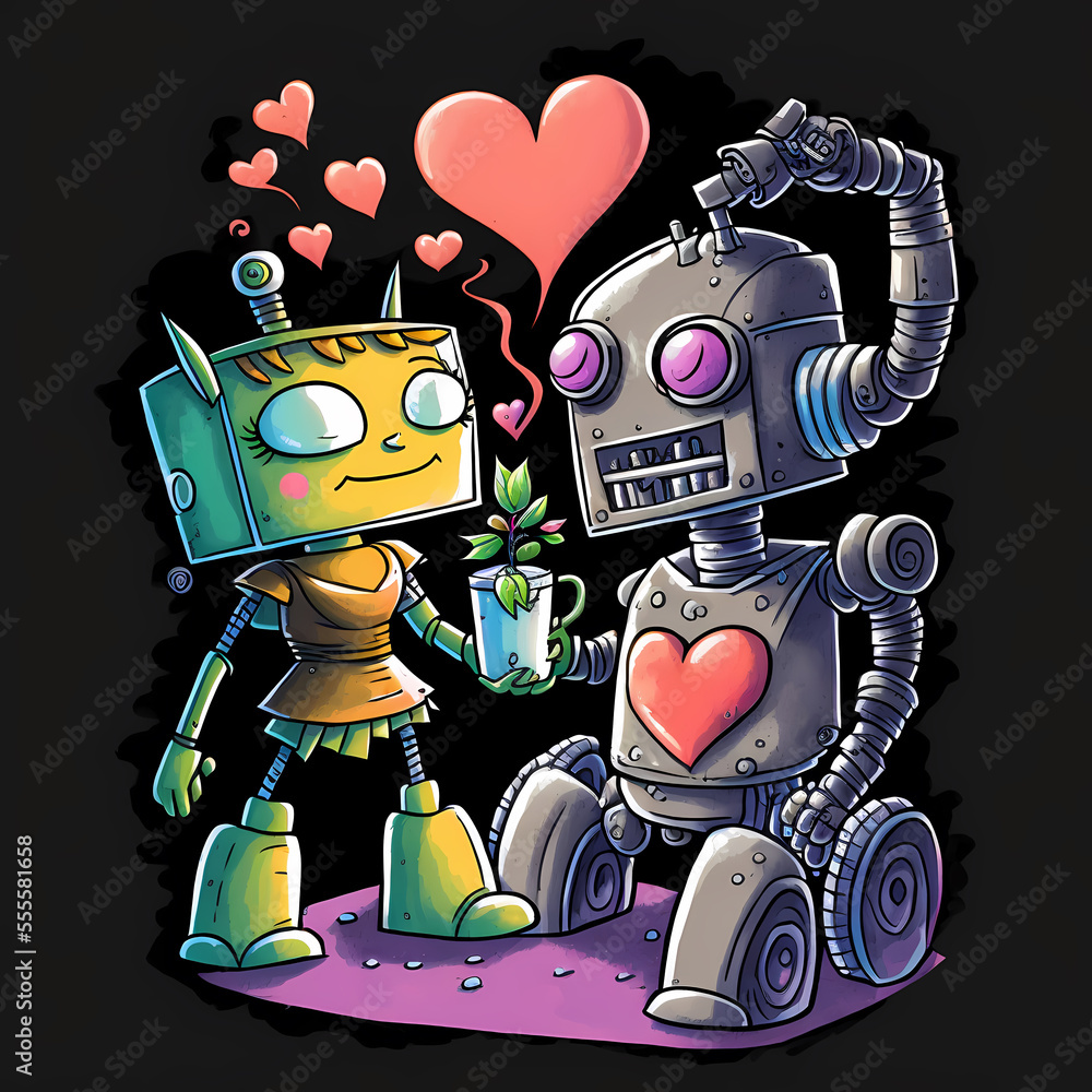 Isolated Cartoon Image of Two Cute Robots in Love Holding a Plant under ...