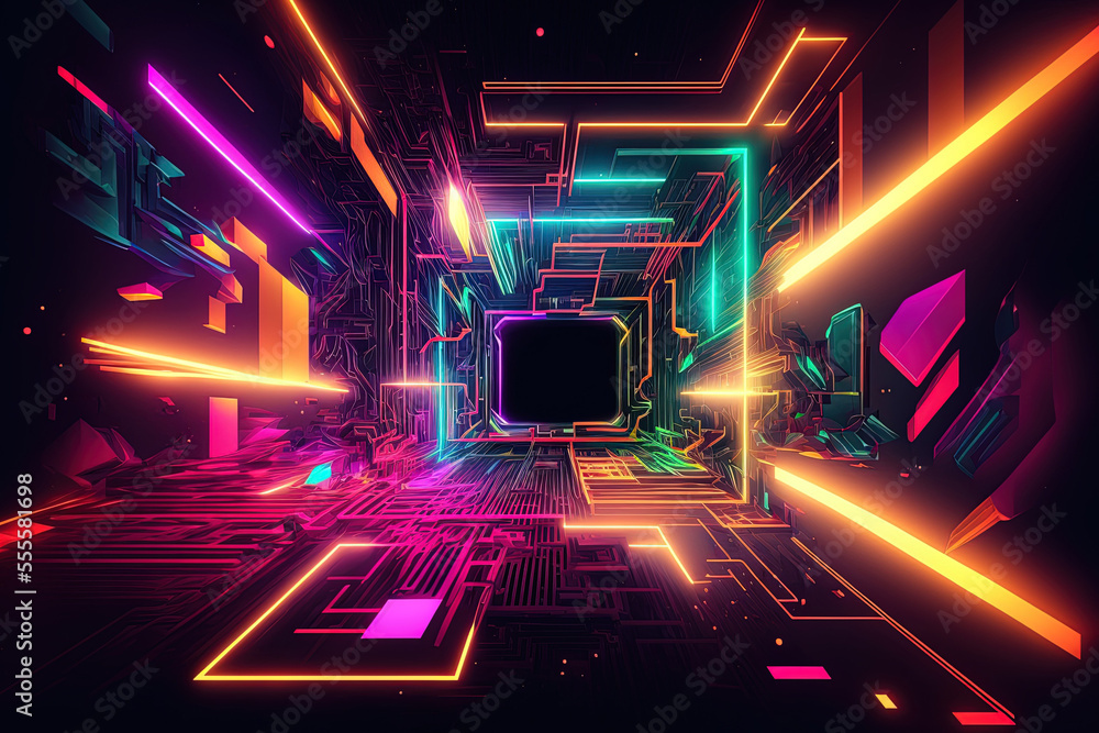 Abstract futuristic neon in the metaverse psychedelic holographic digital background of ...